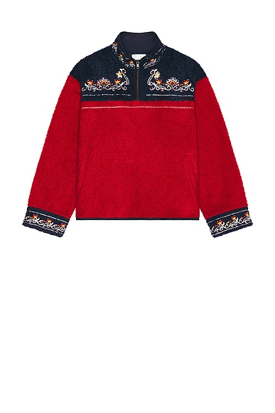 Found Pahari Floral Embroidered Sherpa Jacket in Red & Navy | FWRD