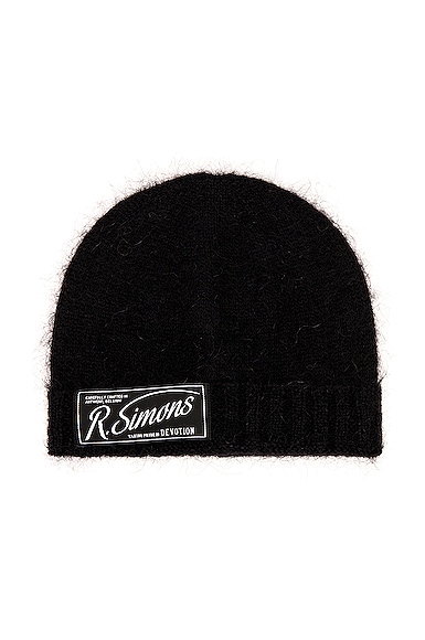 Raf Simons Knit Beanie with Woven Label in Black | FWRD
