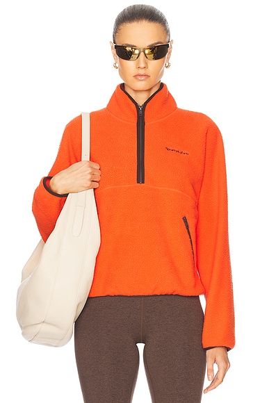 Sporty & Rich Serif Logo Sherpa Quarter Zip Sweater in Squash | FWRD