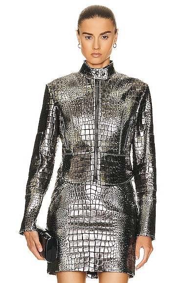 TOM FORD Leather Printed Croco Cropped Racer Jacket in Silver | FWRD