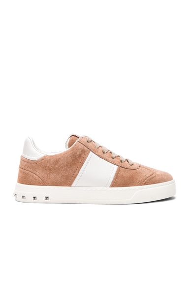Valentino Garavani Suede Fly Crew Sneakers in White & Skin Sorbet | FWRD