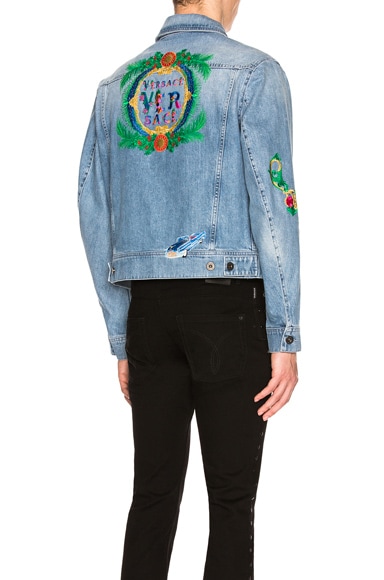 VERSACE Printed Denim Jacket in Blue | FWRD