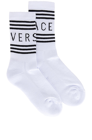 VERSACE Logo Socks in Bianco & Nero | FWRD