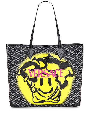VERSACE Monogram Medusa Smiley Tote in Nero & Grigio | FWRD