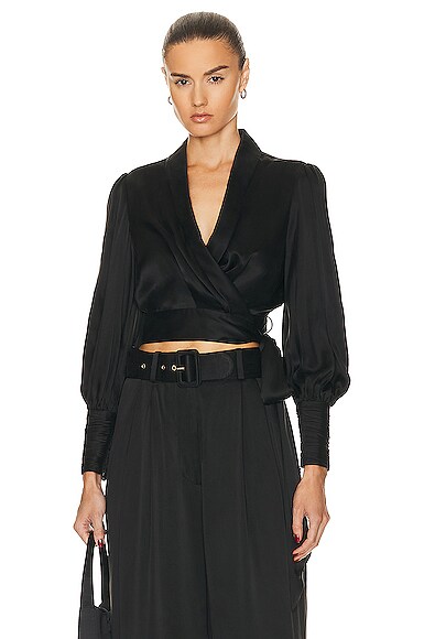 Zimmermann Silk Wrap Top in Black | FWRD