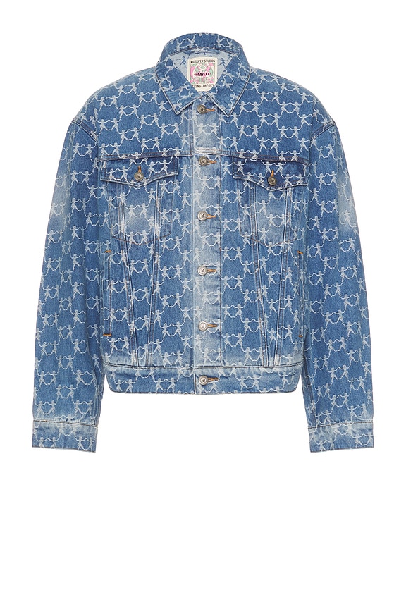 Balenciaga All Over Logo Oversized Jacket in Light Blue | FWRD Balenciaga All Over Logo Oversized Jacket in Light Blue | FWRD