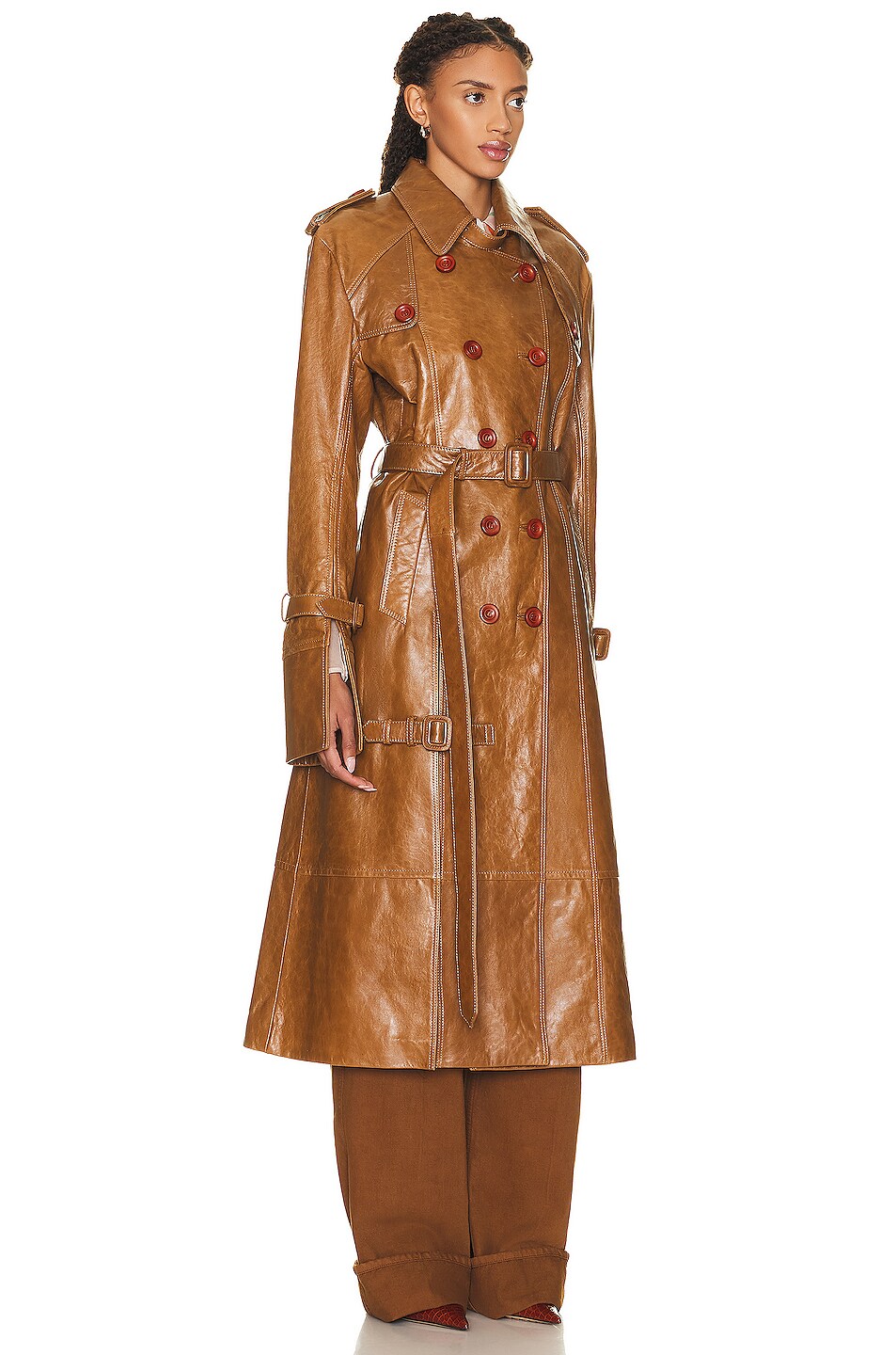 Acne Studios Leather Trench Coat in Cognac Brown | FWRD