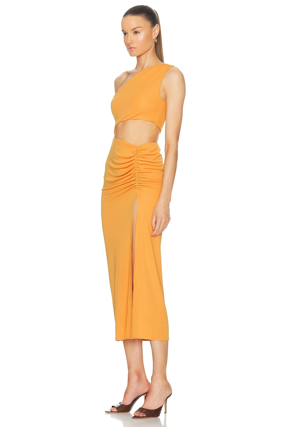The Andamane Riri One Shoulder Cut Out Midi Dress in Amber | FWRD