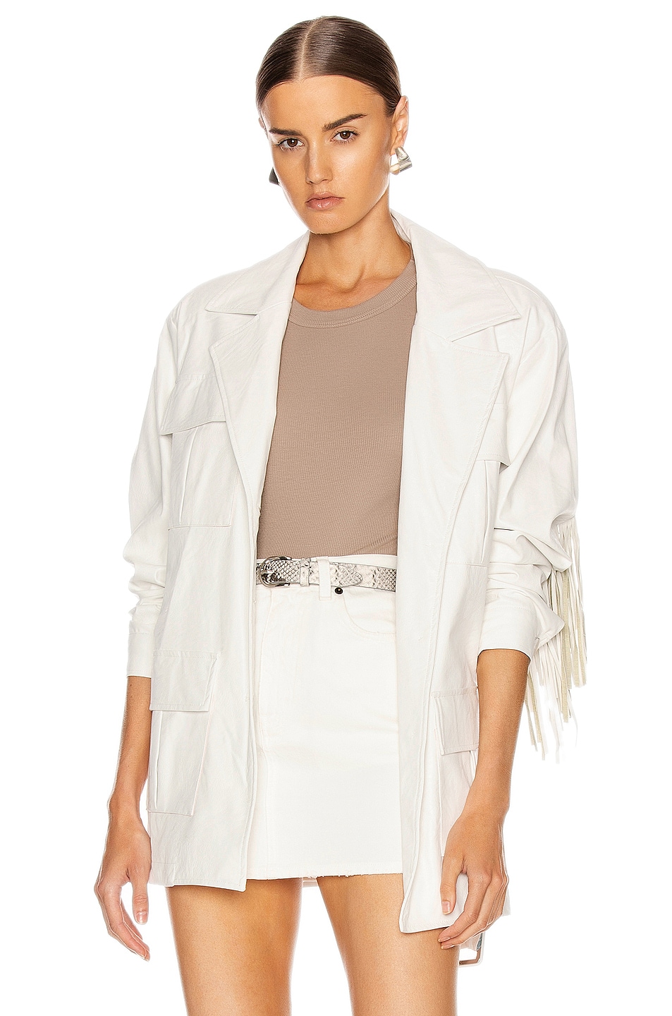 The Andamane Cher Faux Leather Fringe Jacket in White | FWRD