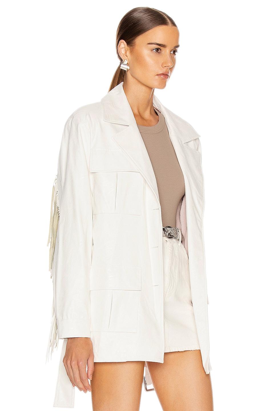 The Andamane Cher Faux Leather Fringe Jacket in White | FWRD
