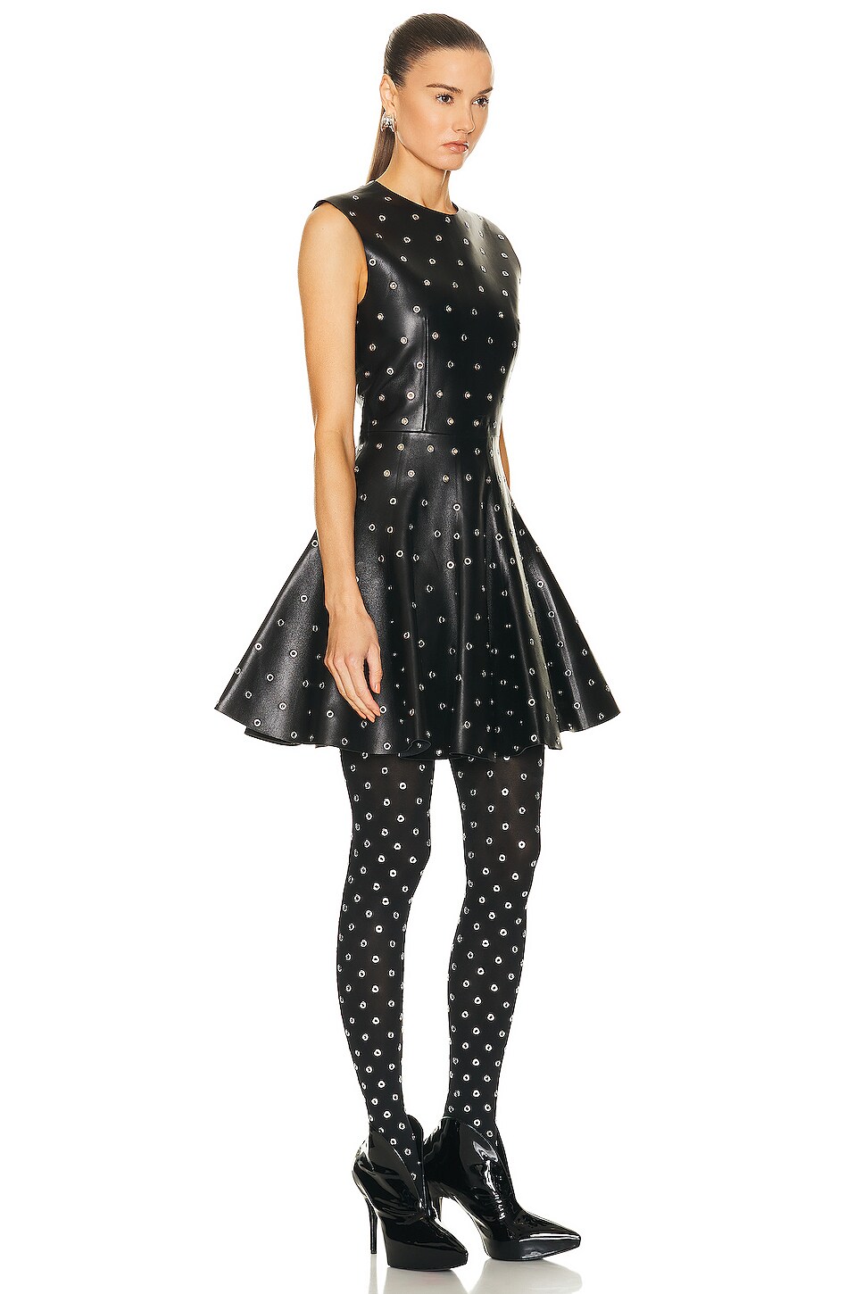 ALAÏA Leather Skater Dress in Noir & Argent | FWRD