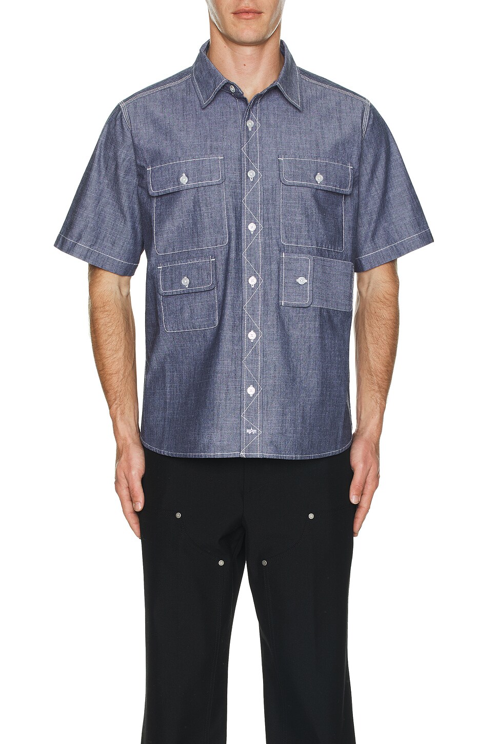 ALPHA INDUSTRIES Short Sleeve Multi Pocket Shirt in Replica Blue | FWRD