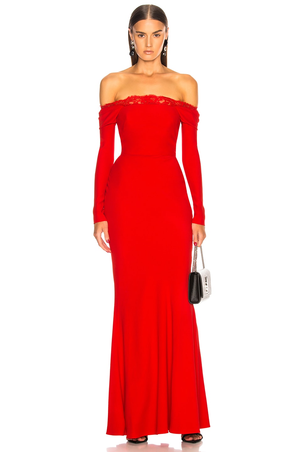 Alexander McQueen Lace Trim Off Shoulder Gown in Lust Red | FWRD