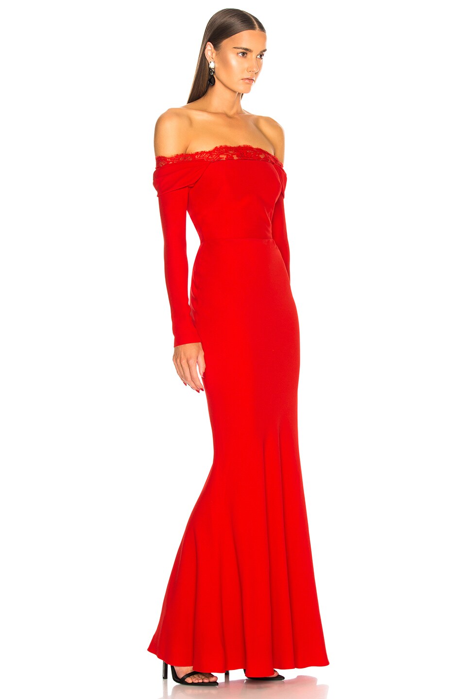 Alexander McQueen Lace Trim Off Shoulder Gown in Lust Red | FWRD