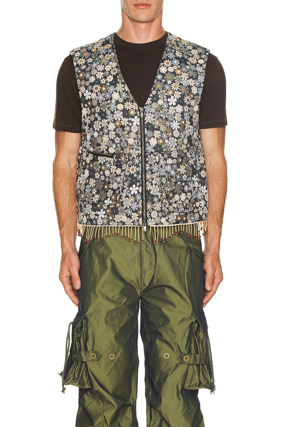 Andersson Bell Flower V Neck Zip Up Vest in Beige & Black | FWRD