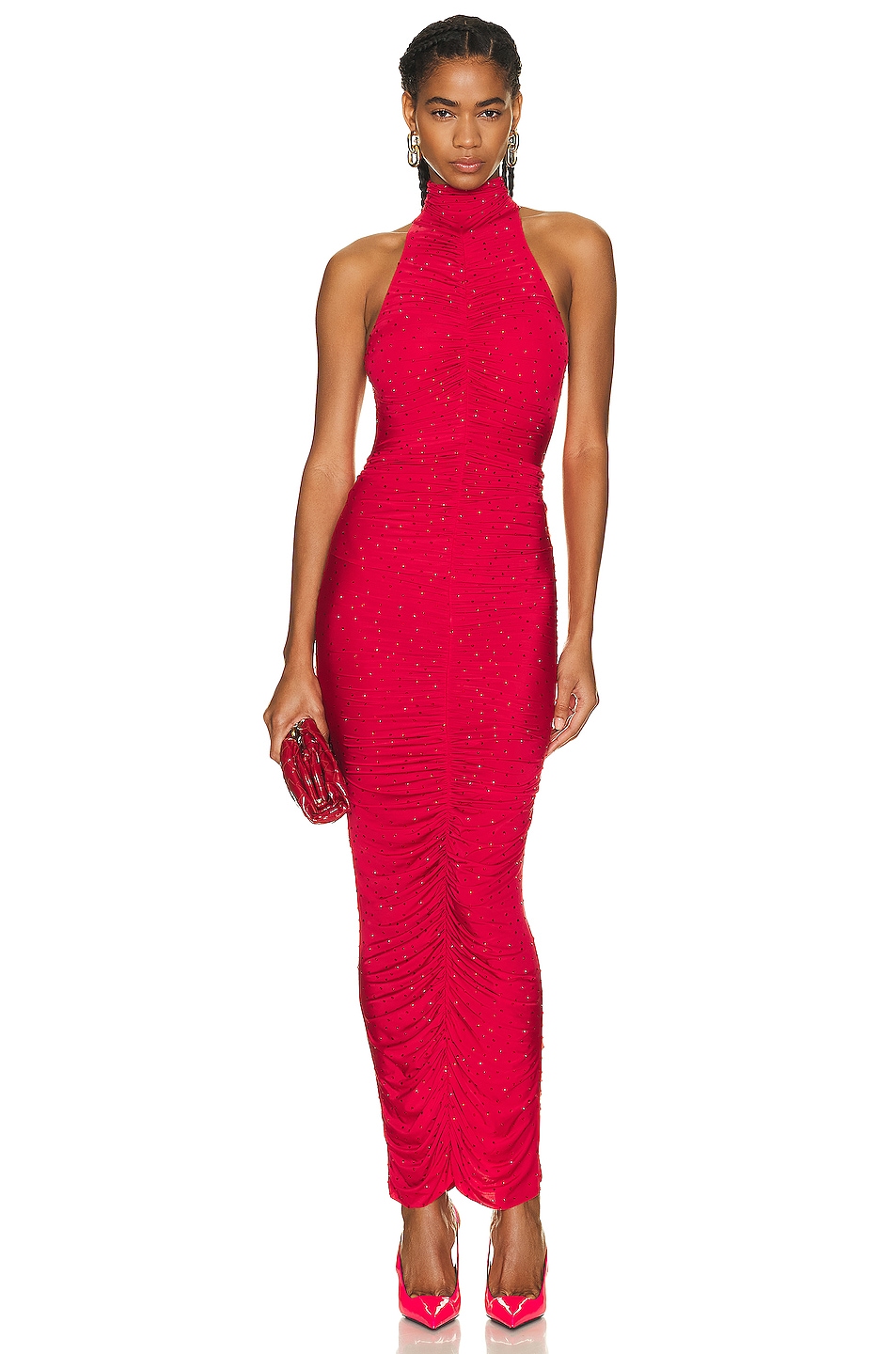 Alex Perry Crystal Gabe Turtleneck Ruched Column Dress in Red | FWRD