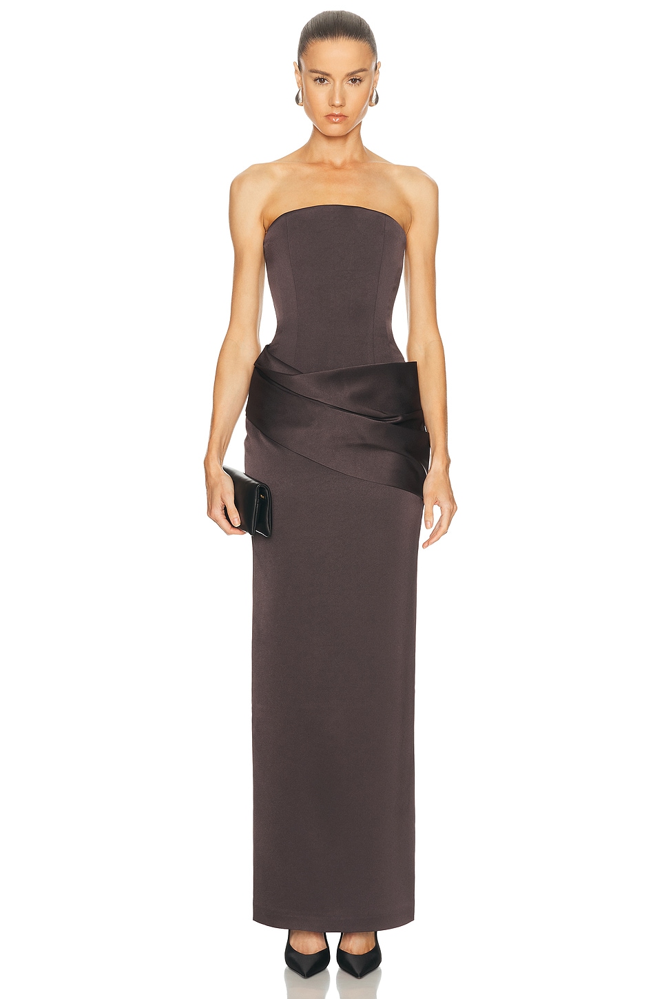Alex Perry Strapless Curved Corset Drape Column Dress in Fig | FWRD