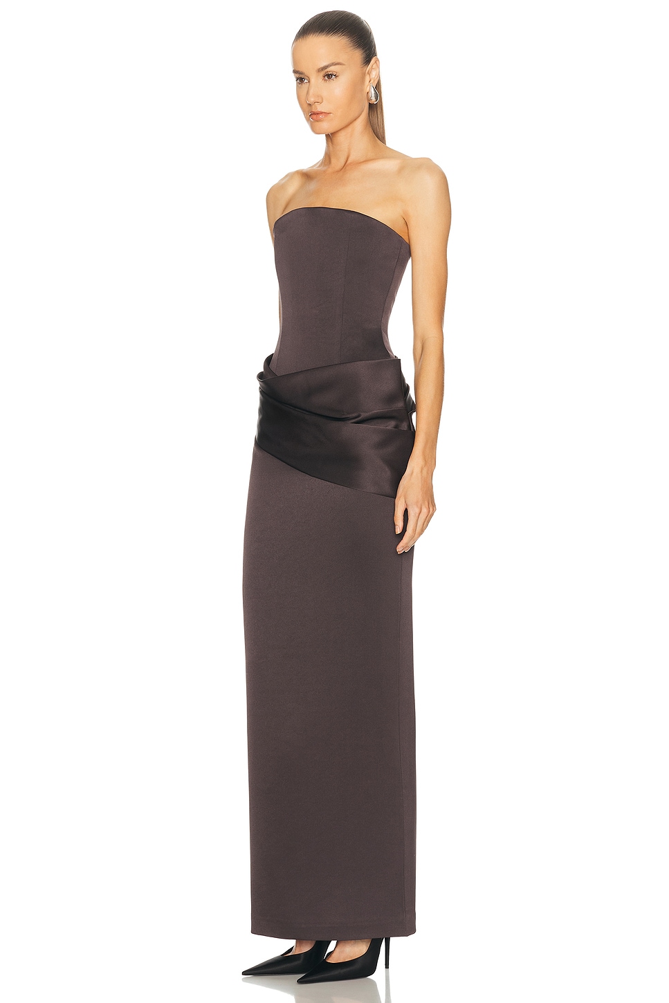 Alex Perry Strapless Curved Corset Drape Column Dress in Fig | FWRD
