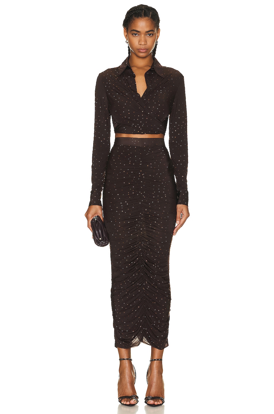 Alex Perry Crystal Bligh Tie Front Crop Shirt in Brown | FWRD