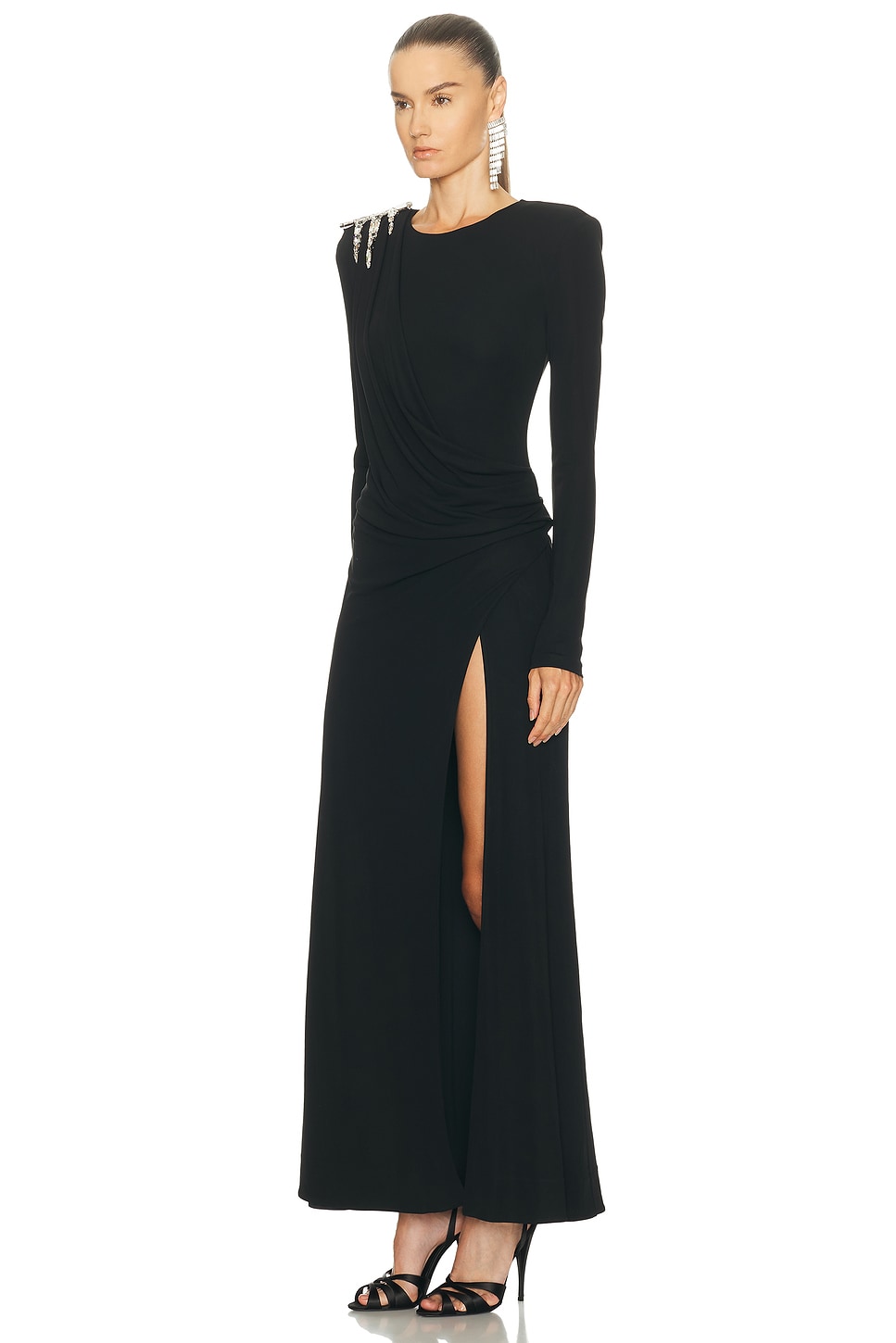 AREA Draped Long Sleeve Gown in Black | FWRD