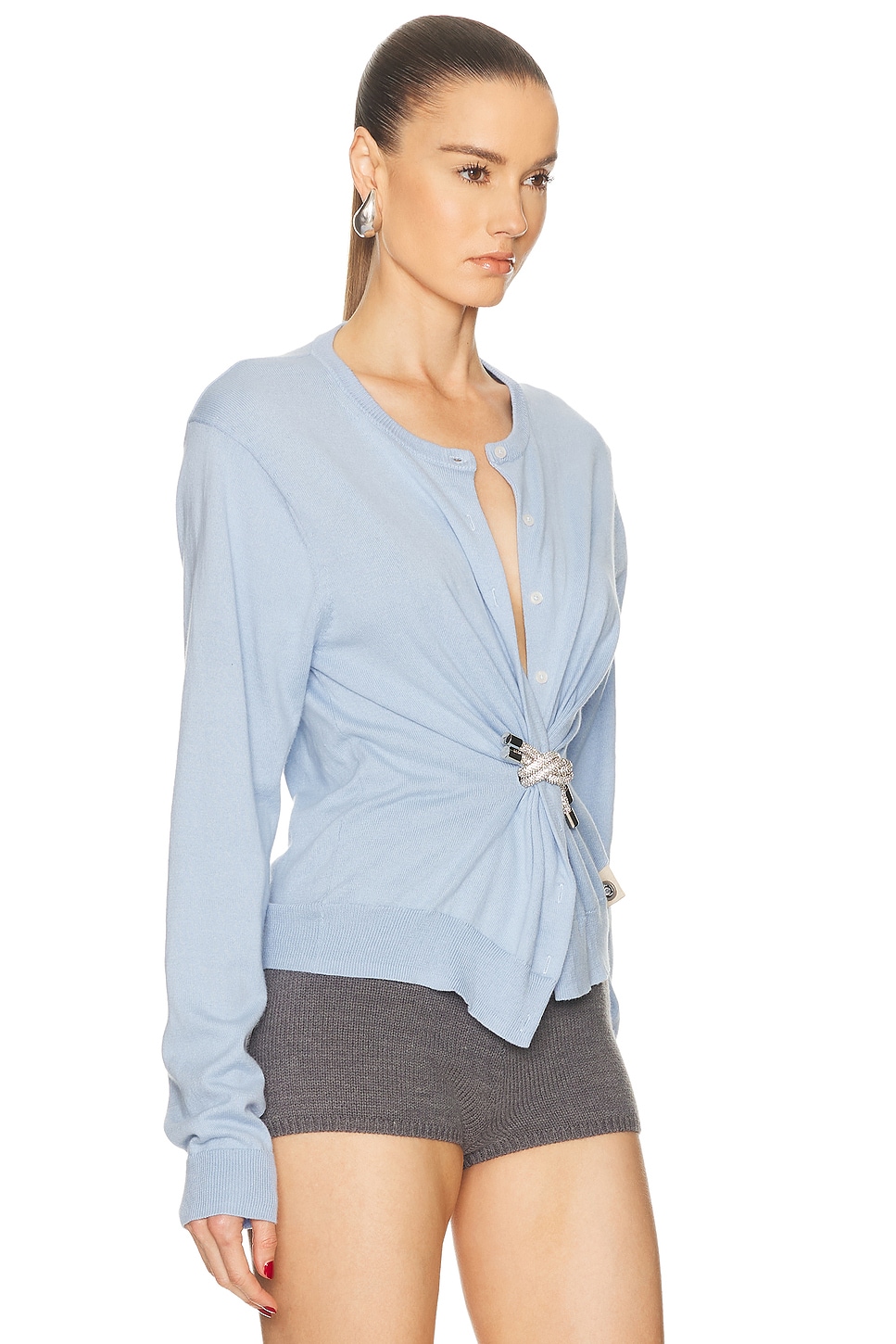 AREA Crystal Knot Cardigan in Pastel Blue | FWRD