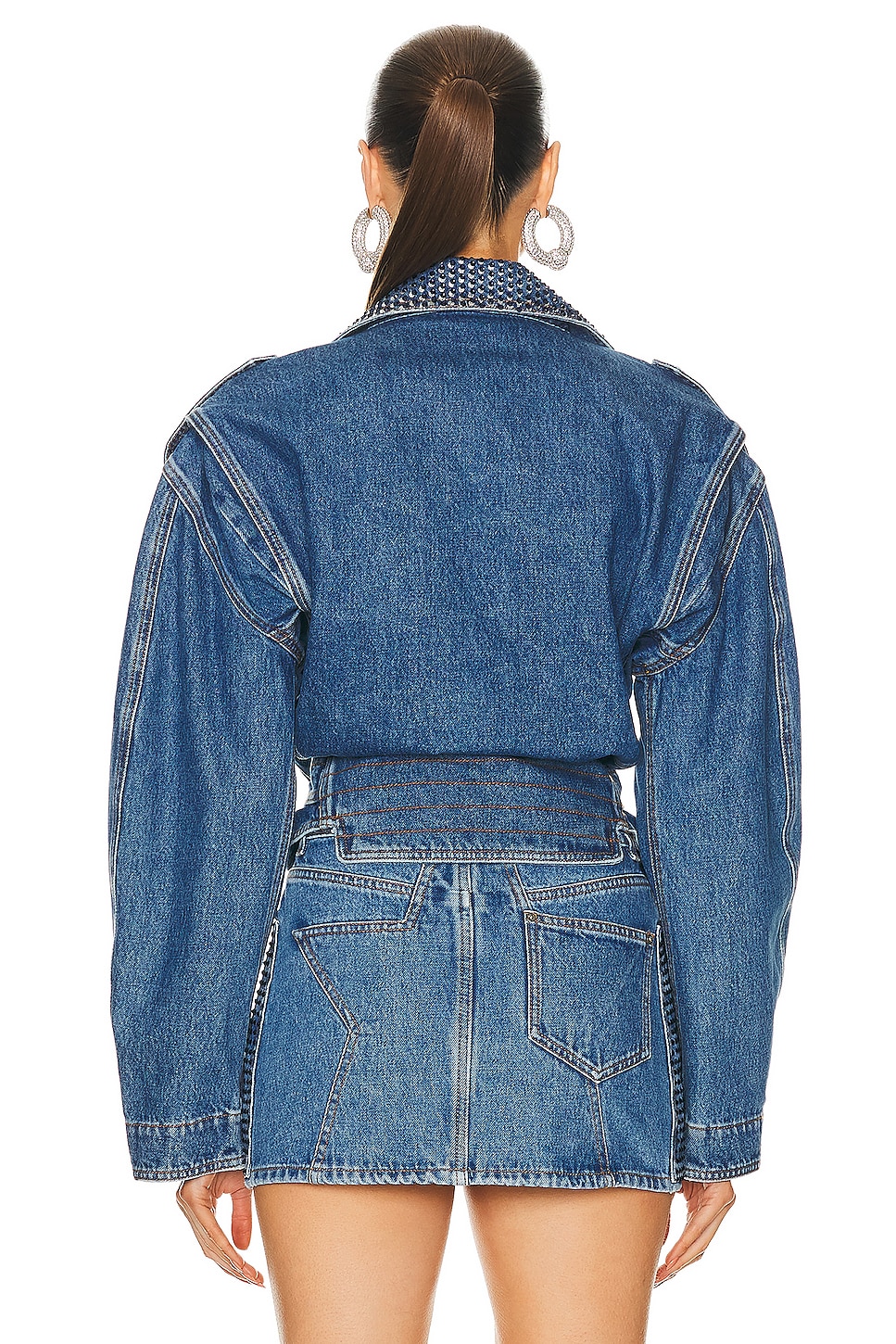 AREA Crystal Embellished Moto Jacket in Medium Indigo | FWRD