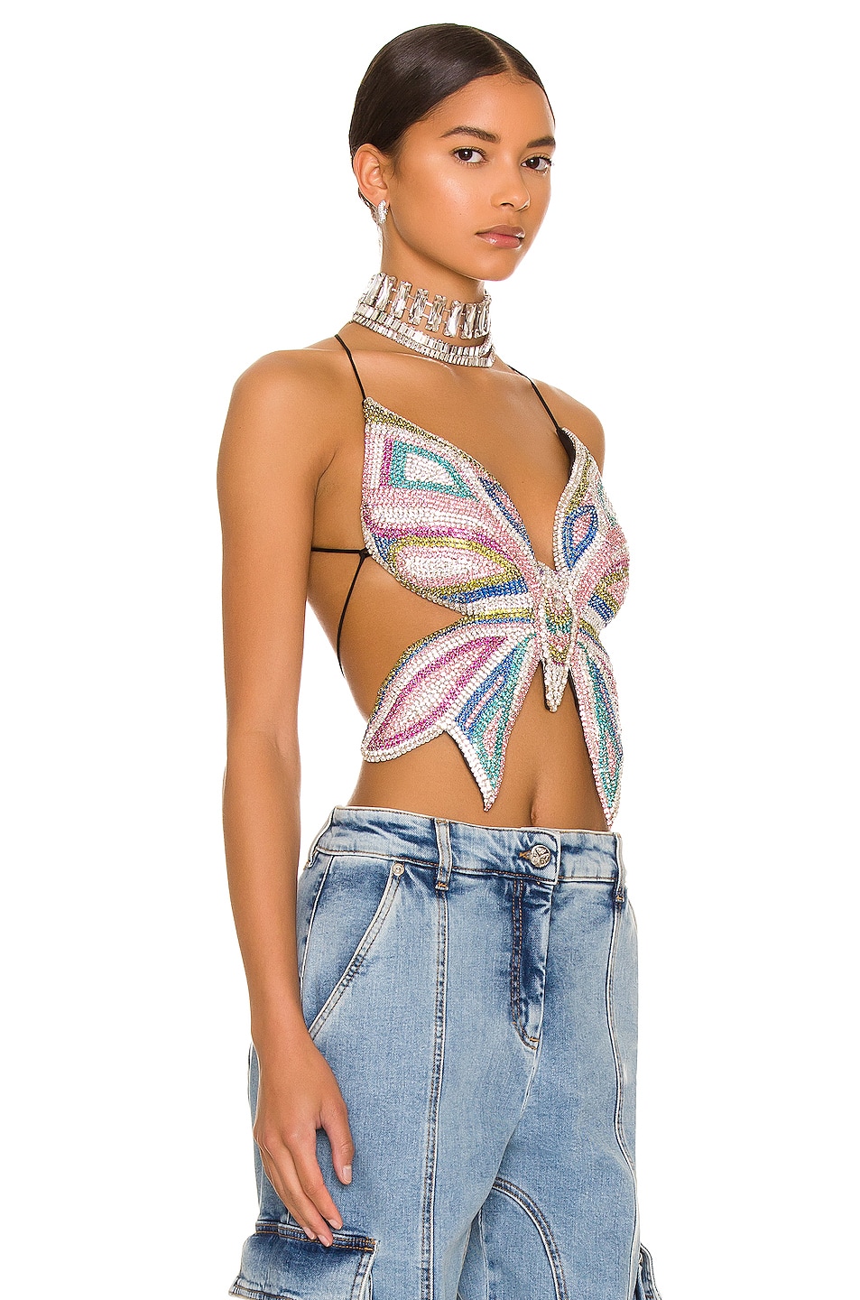 AREA Embroidered Crystal Butterfly Top in Multi | FWRD
