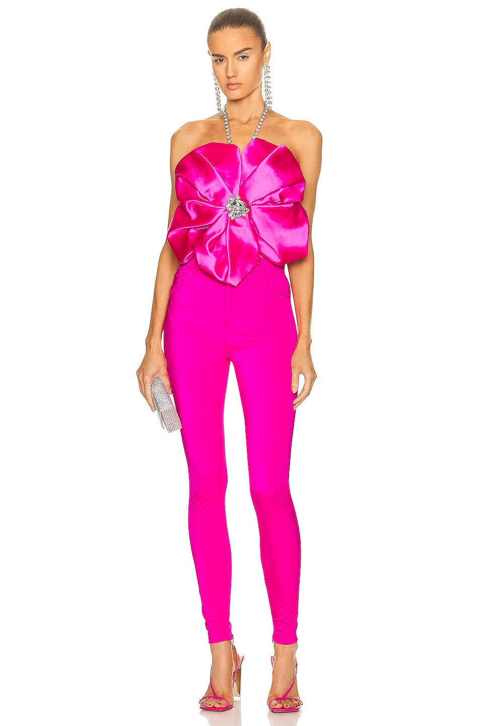 AREA Crystal Rosette Halter Top in Fluo Pink | FWRD