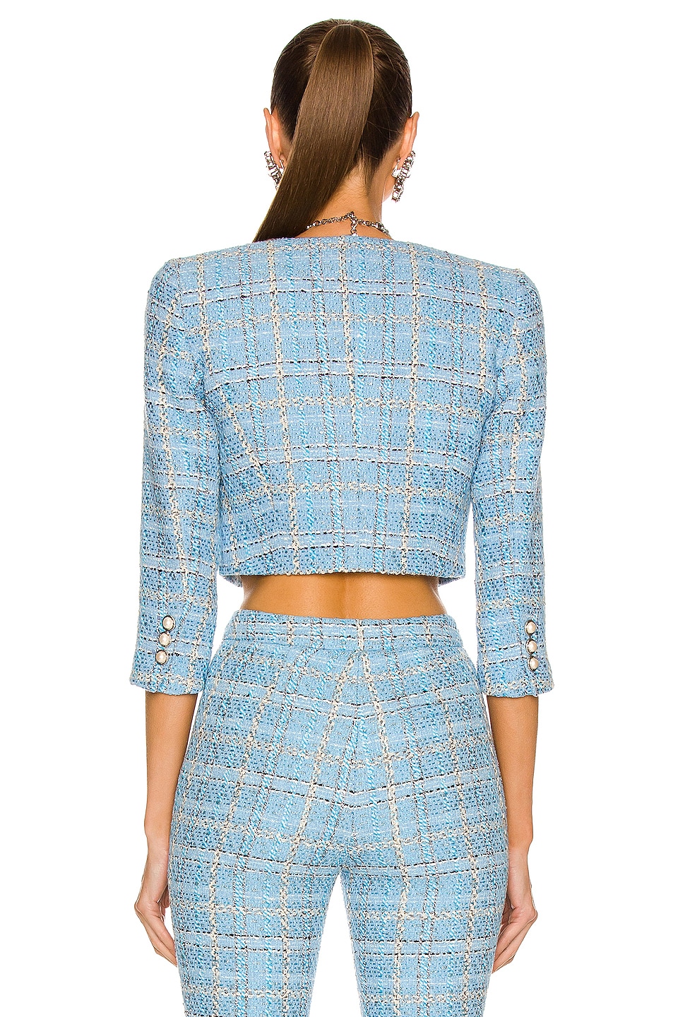 Alessandra Rich Checked Tweed Cropped Jacket in Light Blue | FWRD