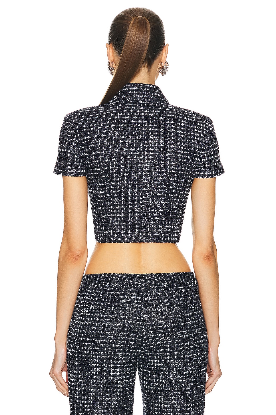 Alessandra Rich Sequin Checked Tweed Cropped Jacket in Dark Blue | FWRD