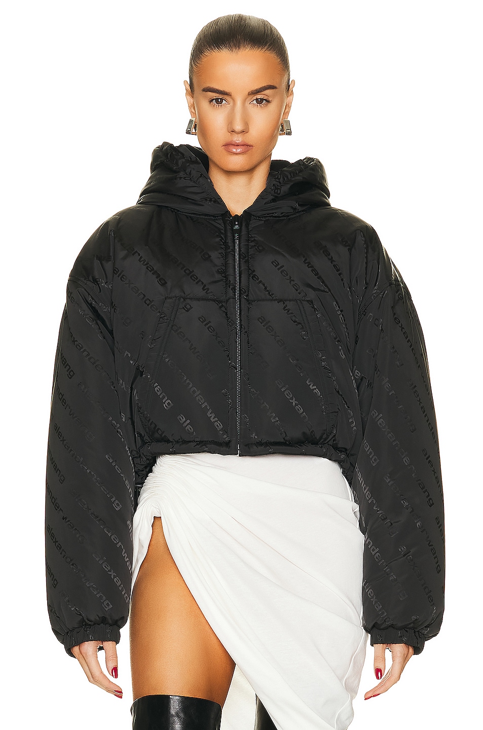 Alexander Wang Jacquard Logo Cropped Hoodie in Black | FWRD