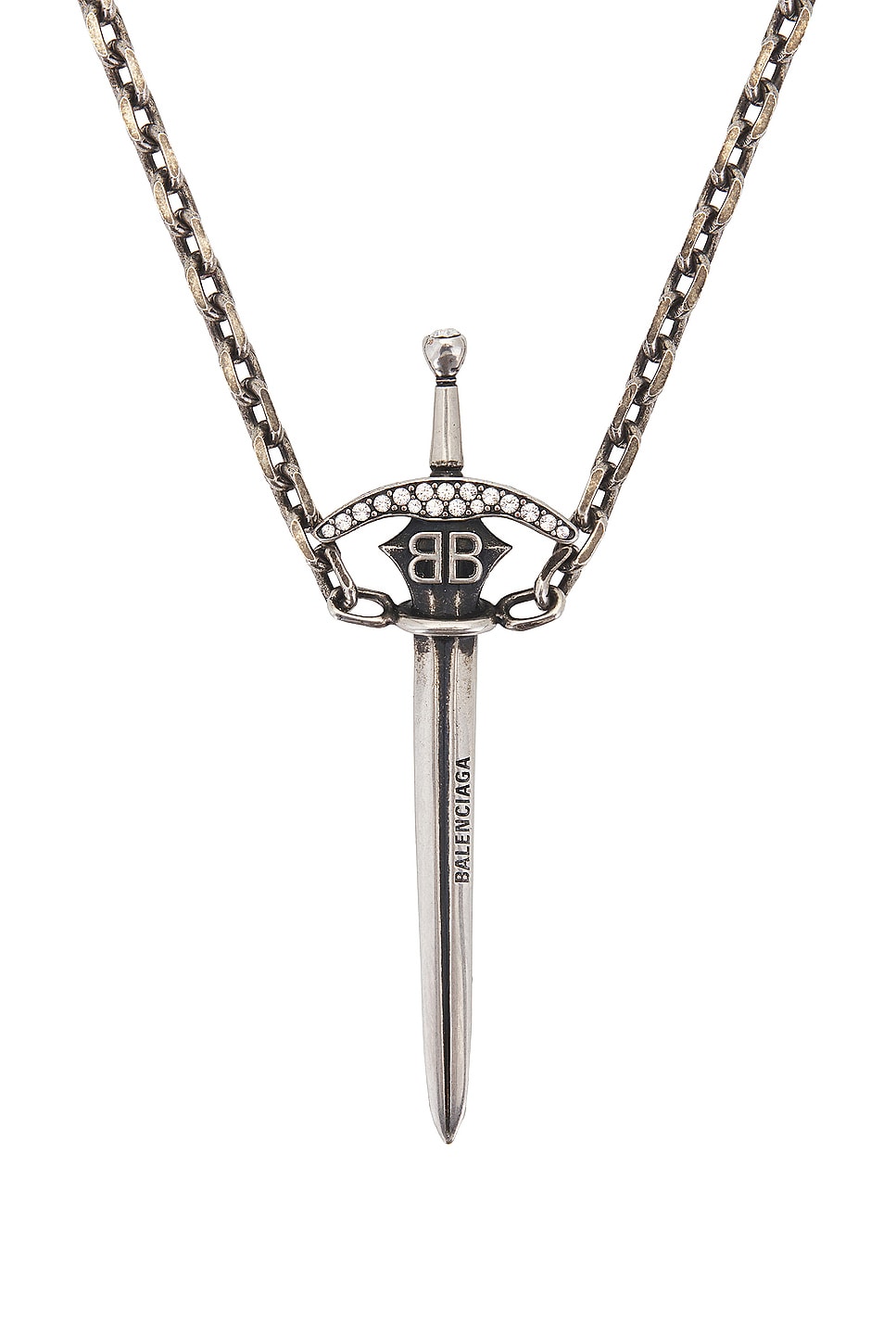 Balenciaga Goth Sword Necklace in Antique Silver & Crystal | FWRD