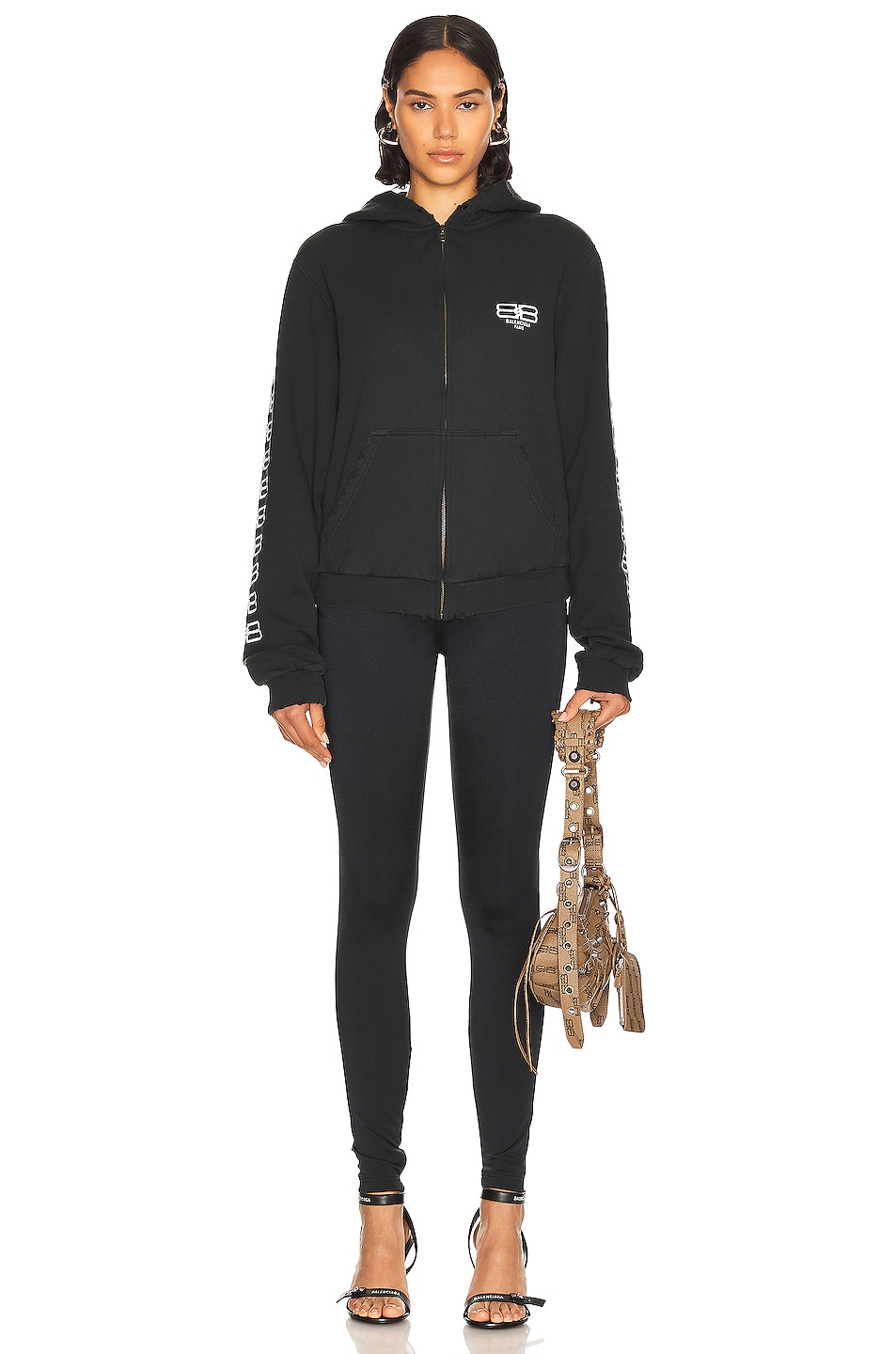 Balenciaga BB License Zip Up Hoodie in Washed Black & White | FWRD