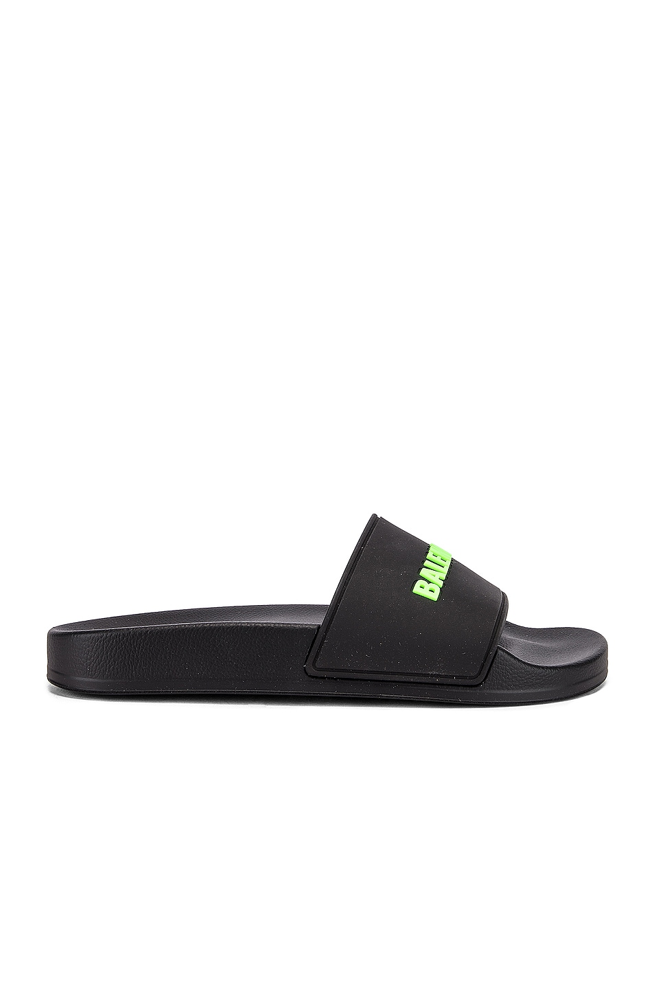 Balenciaga Rubber Logo Pool Slides in Black & Fluo Green | FWRD