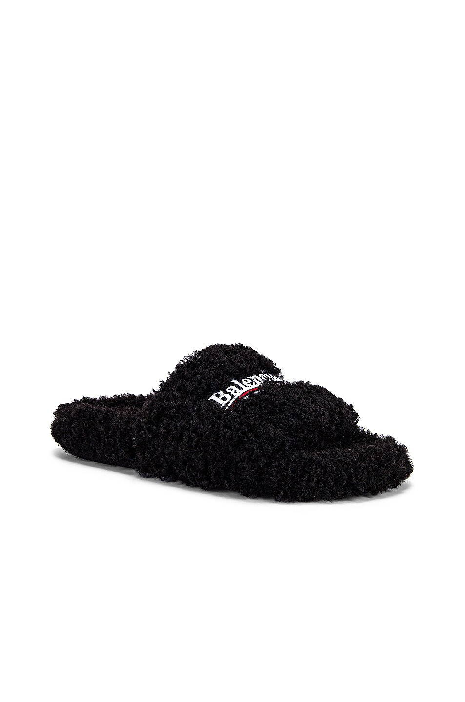 Balenciaga Furry Slippers in Black & White & Red | FWRD