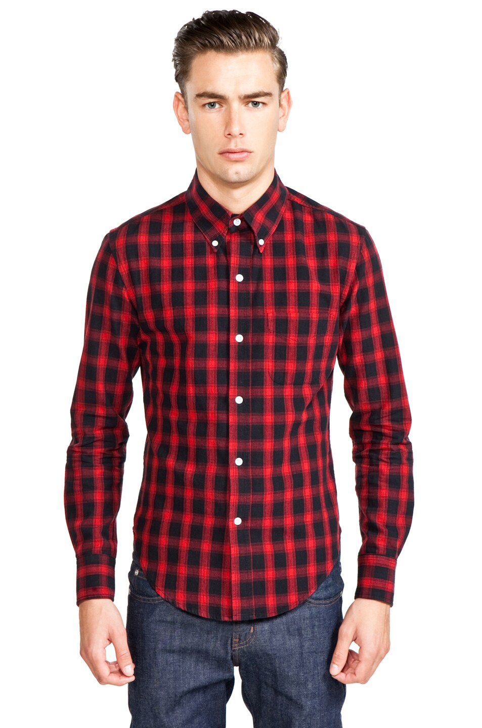 Band of Outsiders Button Down Collar Shirt in Black/Red Plaid in Black ...