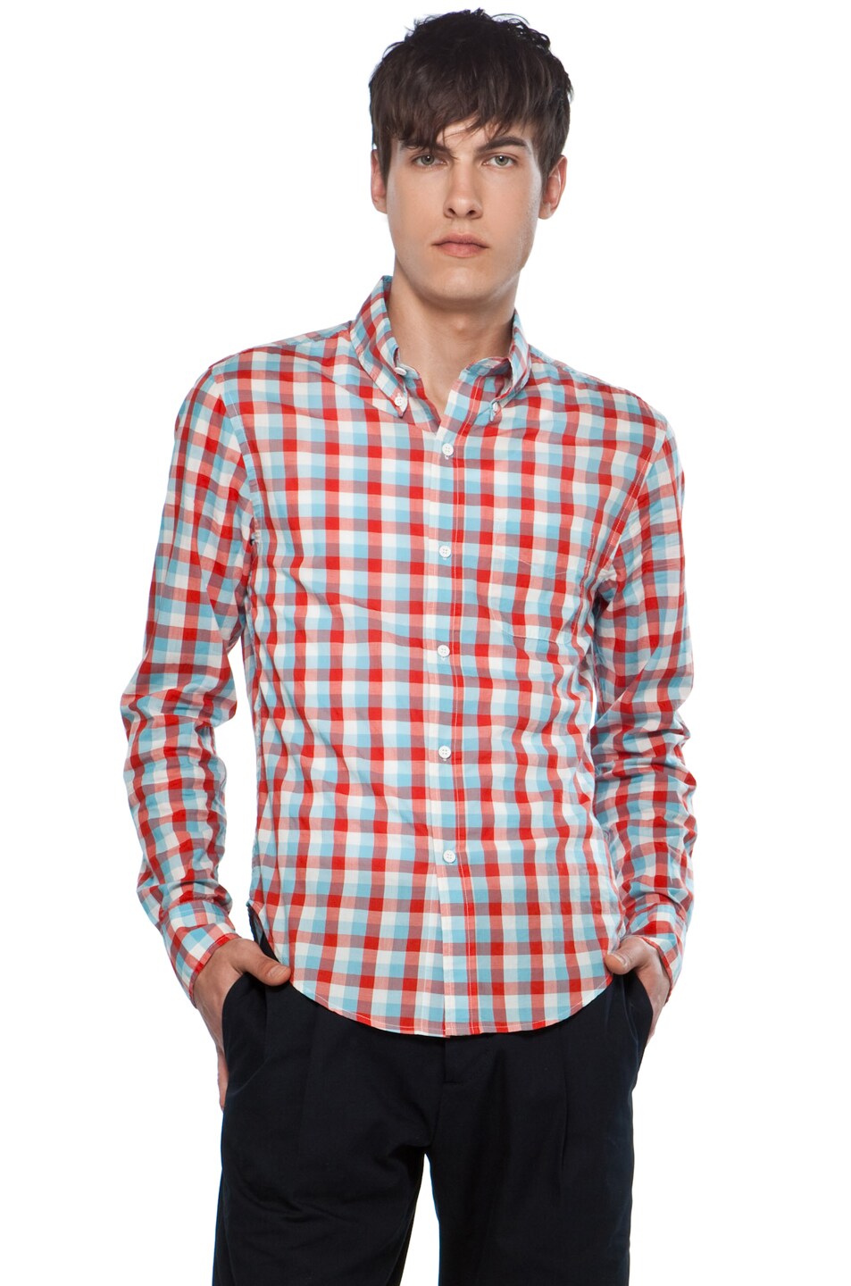 Band of Outsiders Button Down Collar Shirt in White & Blue & Red ...