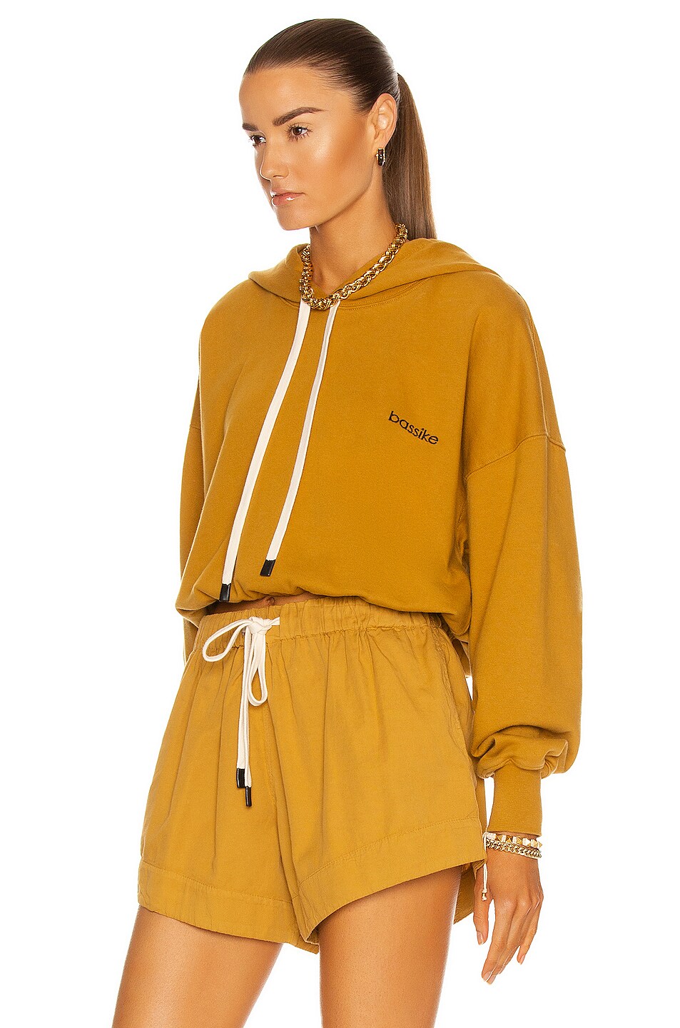 Bassike Branded Cropped Hooded Sweatshirt in Mustard | FWRD