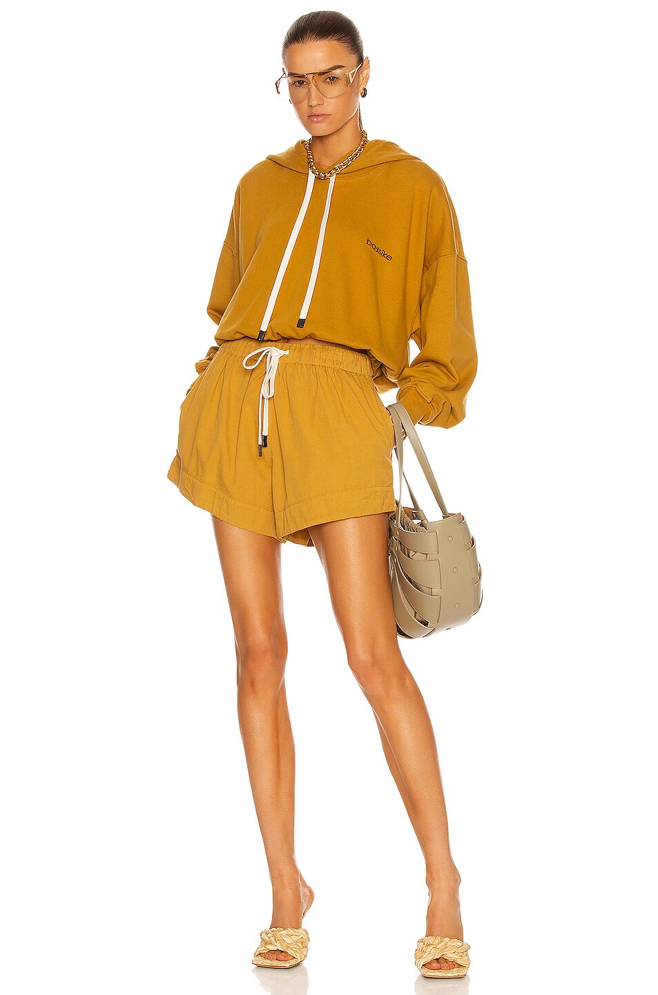 Bassike Branded Cropped Hooded Sweatshirt in Mustard | FWRD