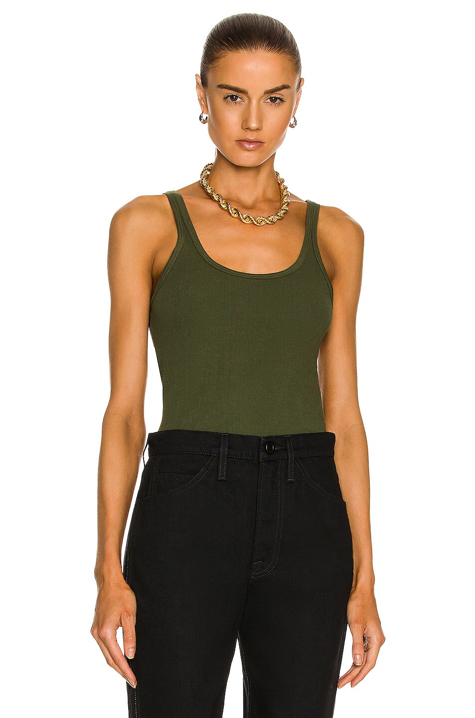 Bassike Fitted Scoop Rib Tank Top in Moss Green | FWRD