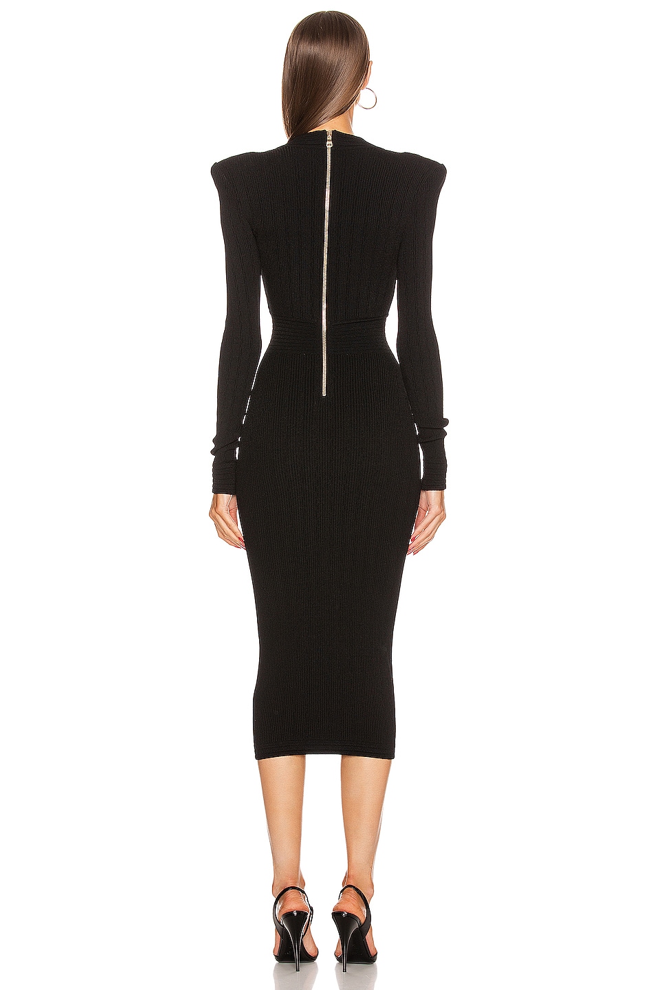 BALMAIN Lace Up V Neck Midi Dress in Black | FWRD