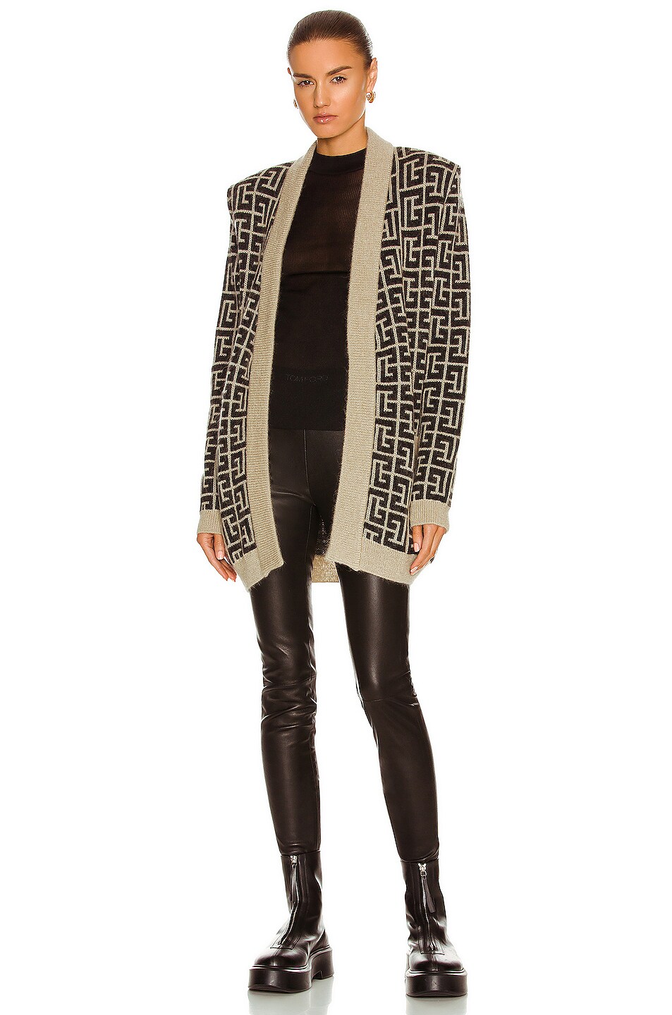 BALMAIN Long Belted Monogram Mohair Cardigan in Ivoire & Noir | FWRD