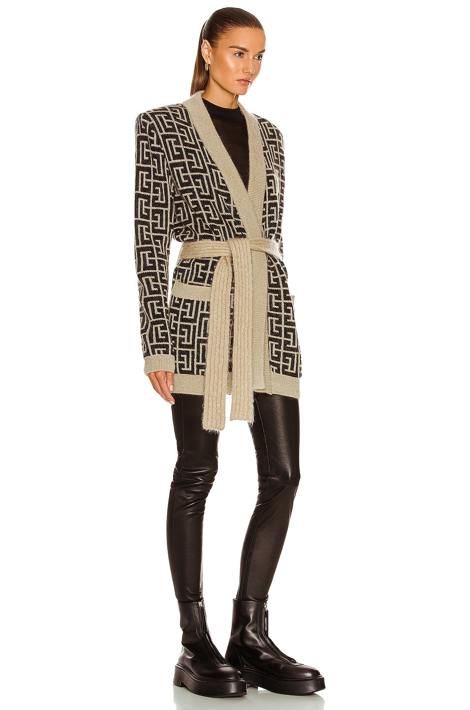 BALMAIN Long Belted Monogram Mohair Cardigan in Ivoire & Noir | FWRD