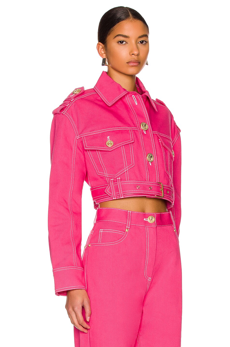 BALMAIN Cropped Patch Denim Jacket in Rose | FWRD