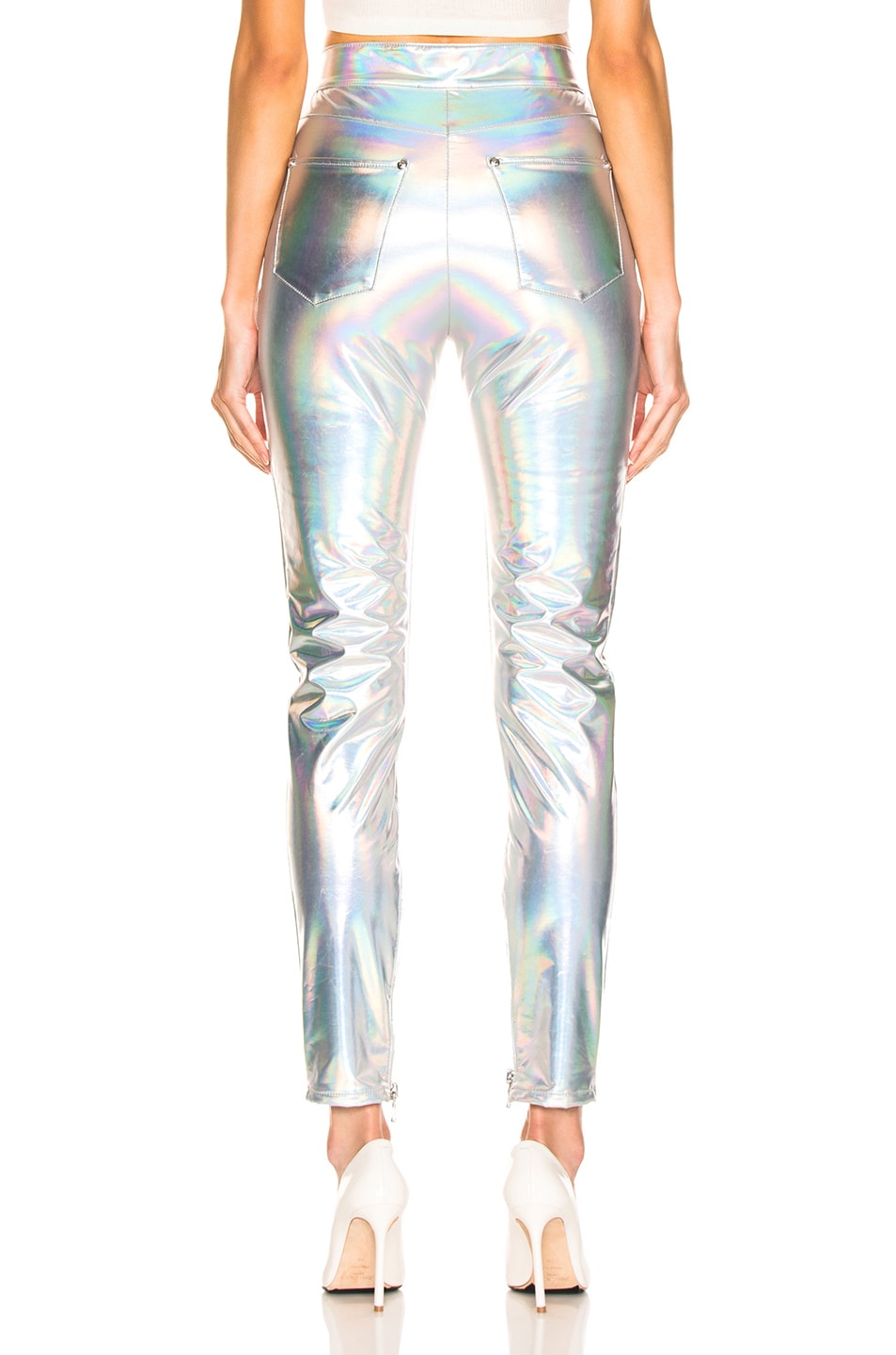 BALMAIN High Waisted Skinny Pants in Holographic Silver | FWRD