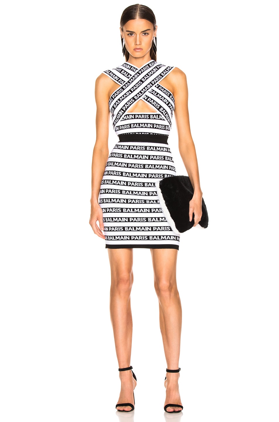 BALMAIN Logo Print Striped Pencil Skirt in Black & White | FWRD