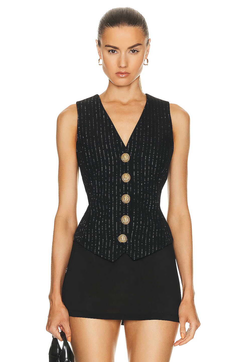 BALMAIN Sleeveless Lurex Striped Vest Top in Noir | FWRD