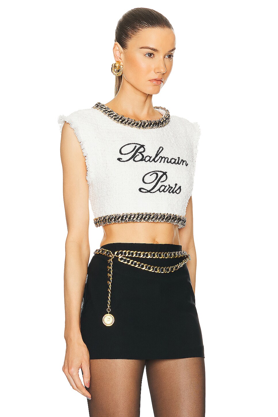 BALMAIN Signature Embroidered Tweed Crop Top in Blanc & Noir | FWRD