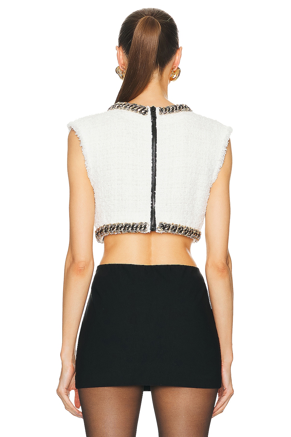 BALMAIN Signature Embroidered Tweed Crop Top in Blanc & Noir | FWRD