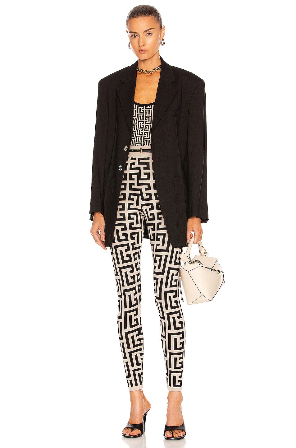 BALMAIN Monogram Jacquard Bodysuit in Ivoire & Noire | FWRD